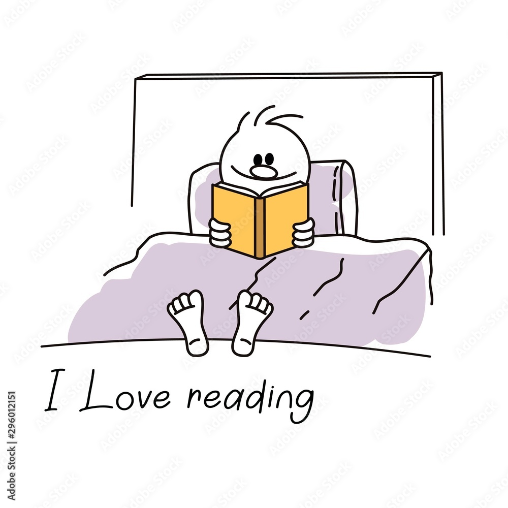Doodle stick figure: Man reading book in bed. Hand drawn cartoon vector ...