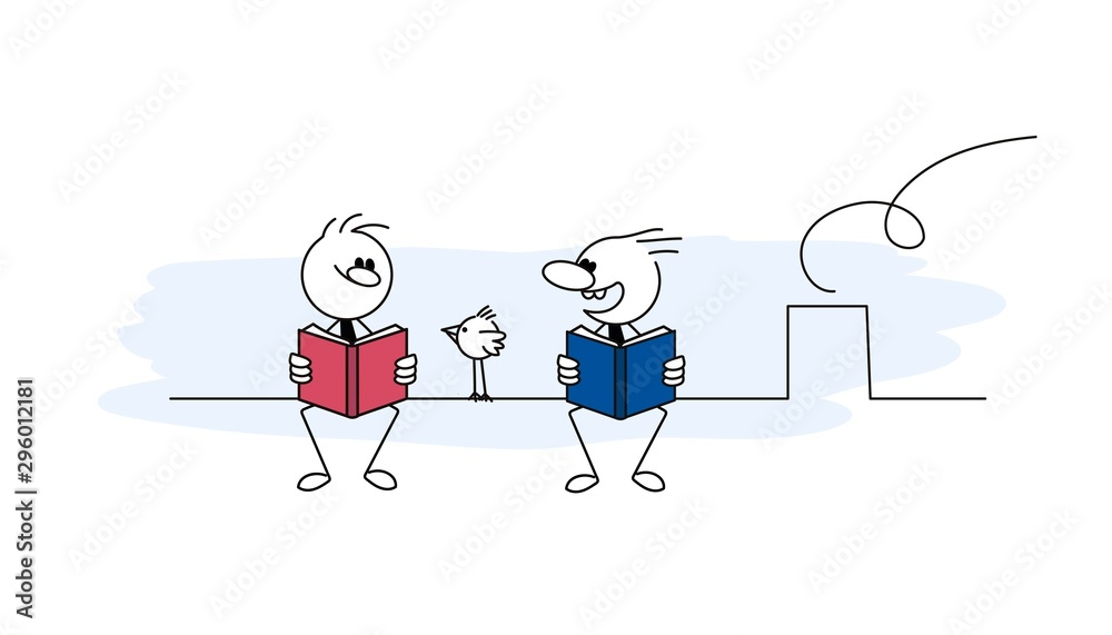 Doodle stick figure: Men reading books on the roof. Hand drawn cartoon ...