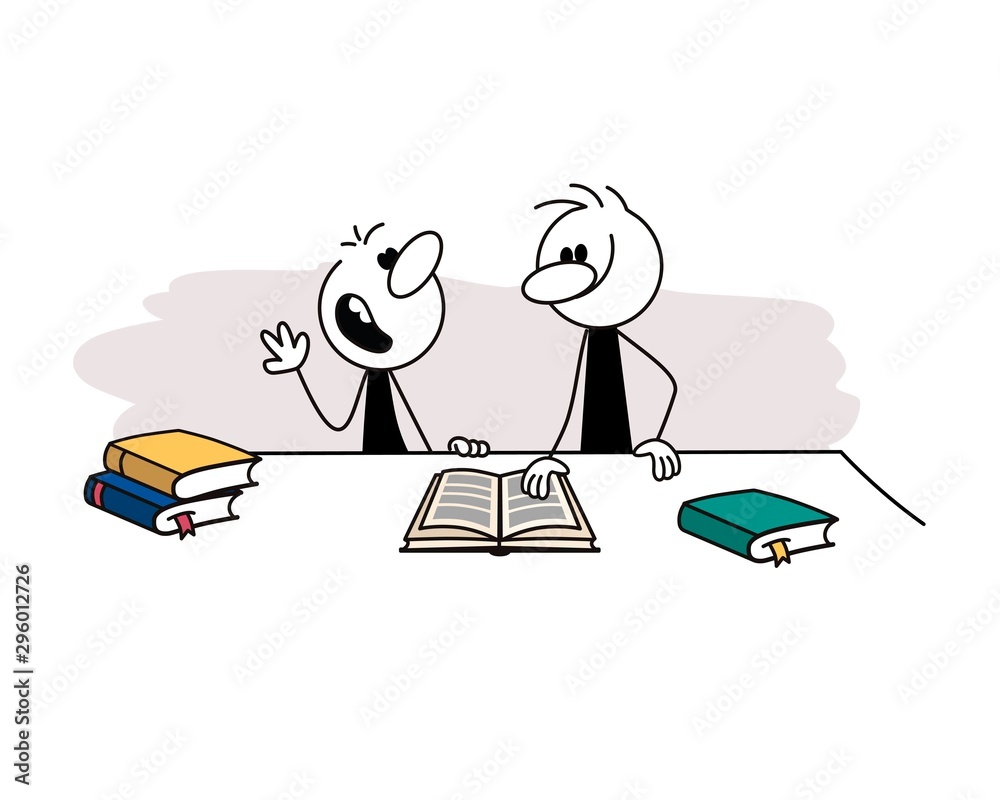 Doodle stick figure: Two men reading books. Hand drawn cartoon vector ...