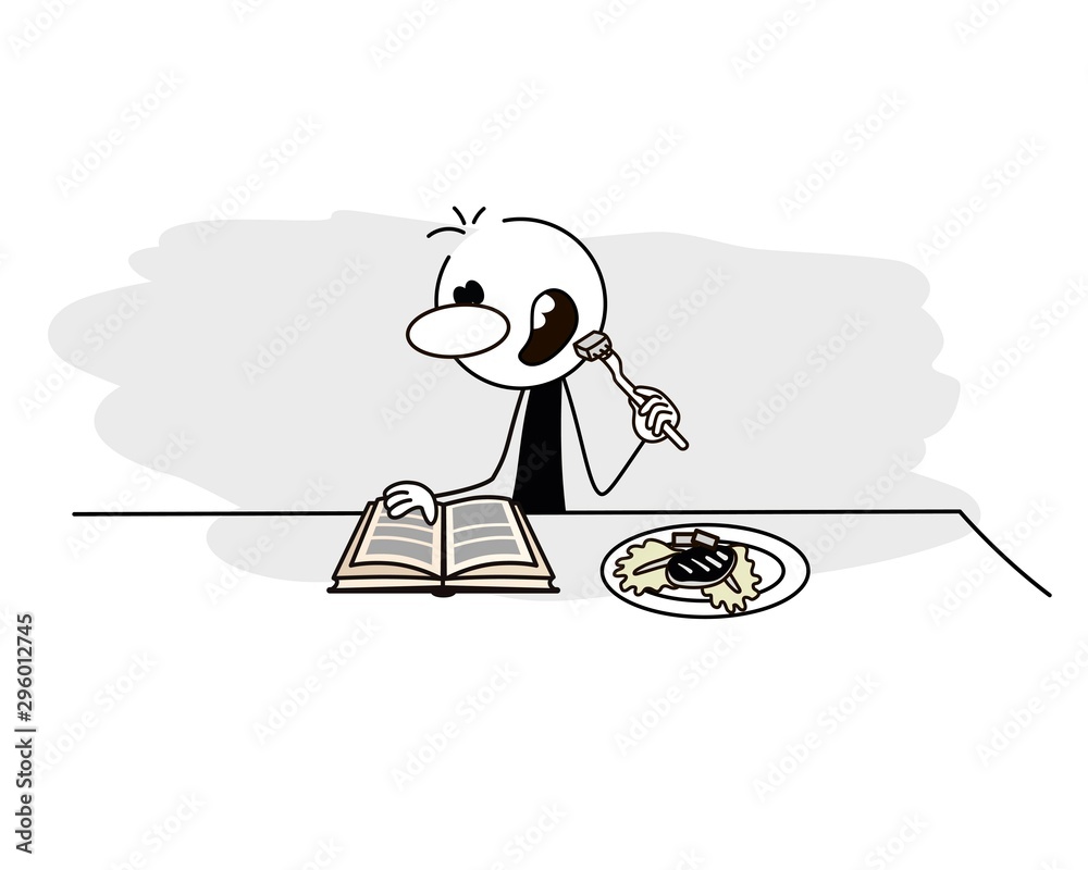 Doodle stick figure: Man reading book and eating. Hand drawn cartoon ...