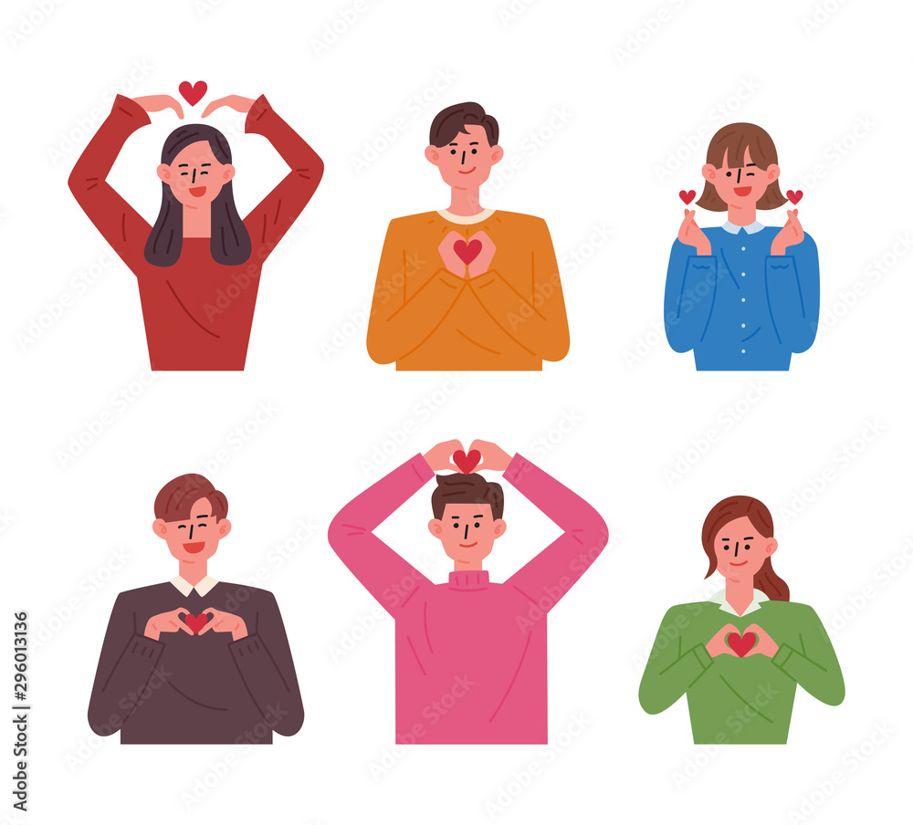 People making various heart shapes with hands. flat design style ...