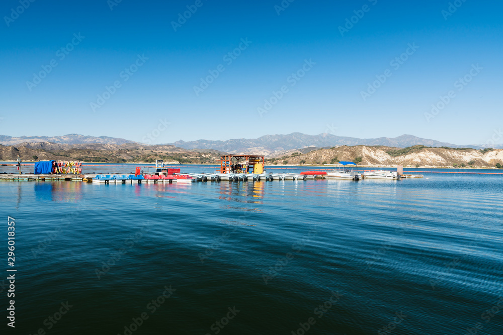 Cachuma Lake marina with a variety of fishing and pontoon boats ...