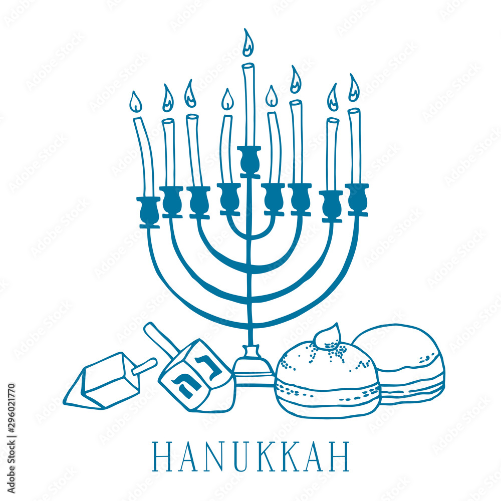 Composition with traditional Hanukkah objects. Menorah, donuts and ...