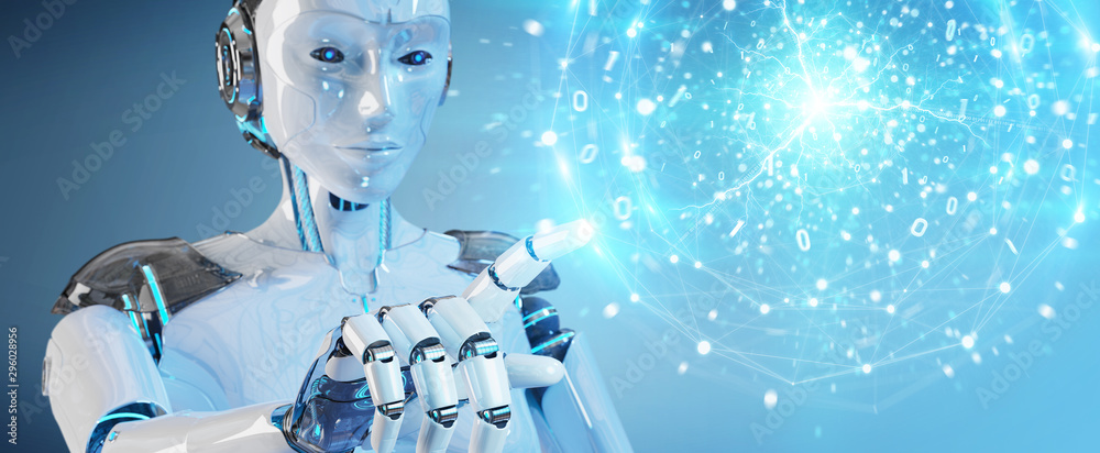 White robot creating renewable and sustainable eco energy with ...