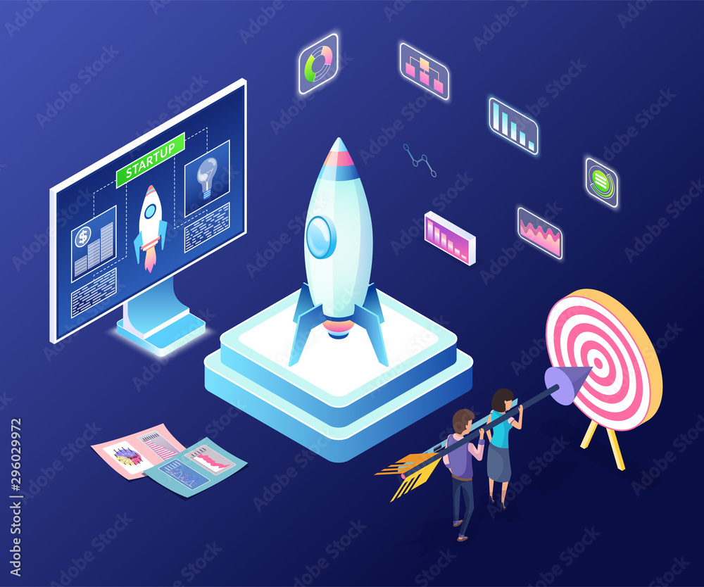 New project launching vector, 3d workers aiming at target holding big ...