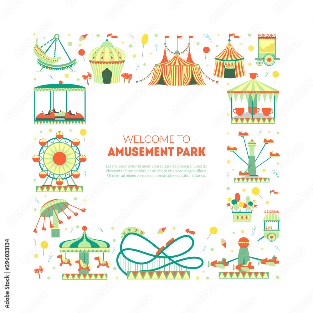 Welcome to Amusement Park Banner Template with Carousels, Festive Park ...