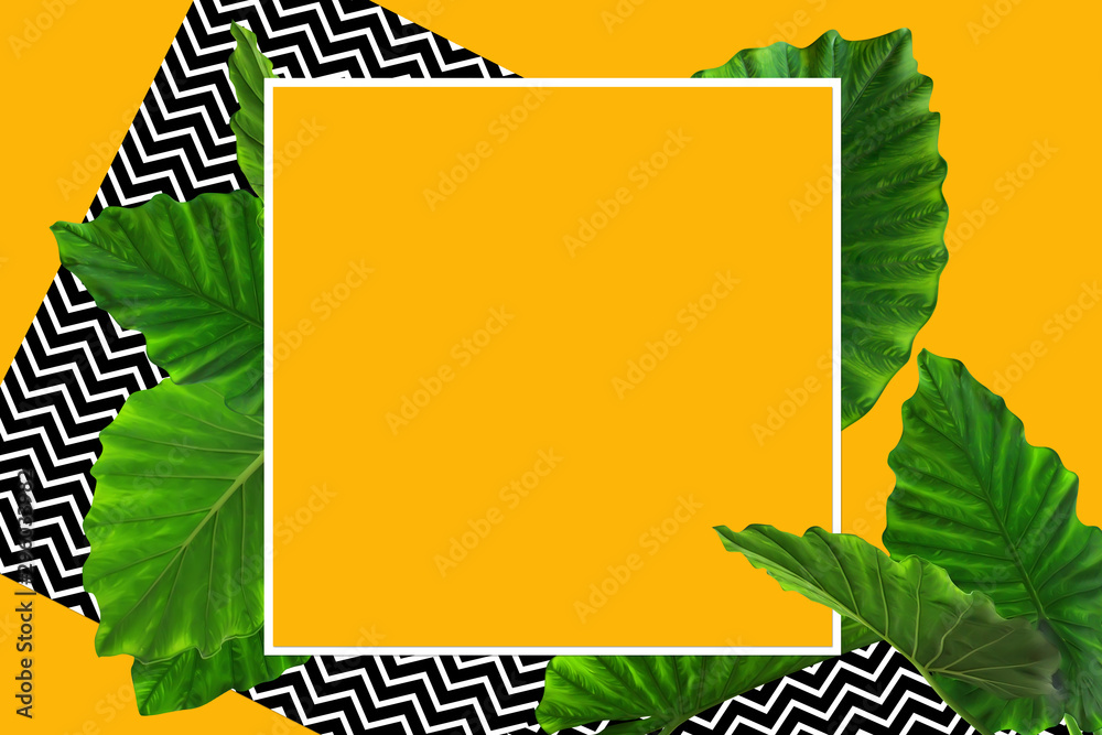 Bright moke up, card template design universal with green tropical ...