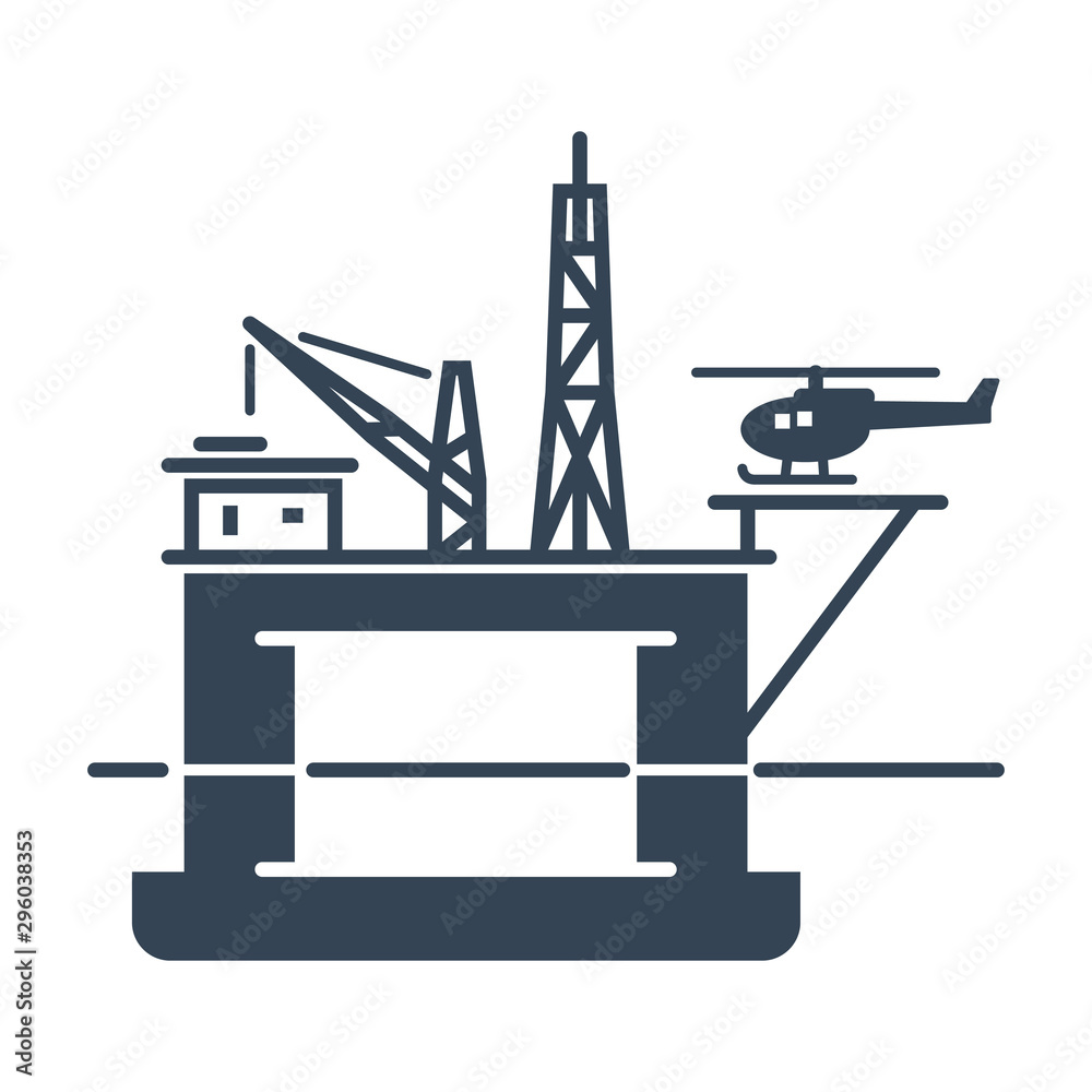 black icon gas and oil rig platform, crane, helicopter Stock Vector ...