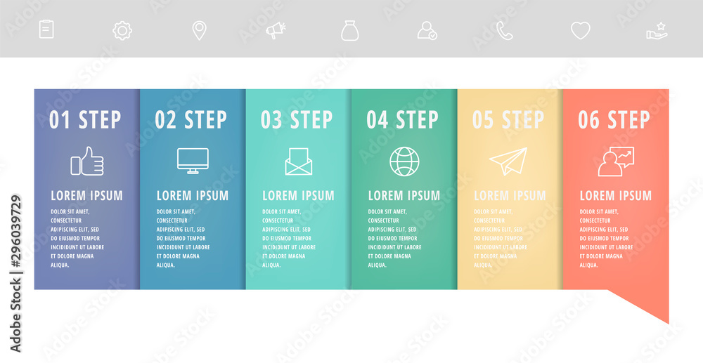 Vector infographic flat template arrows for six diagrams, graph ...