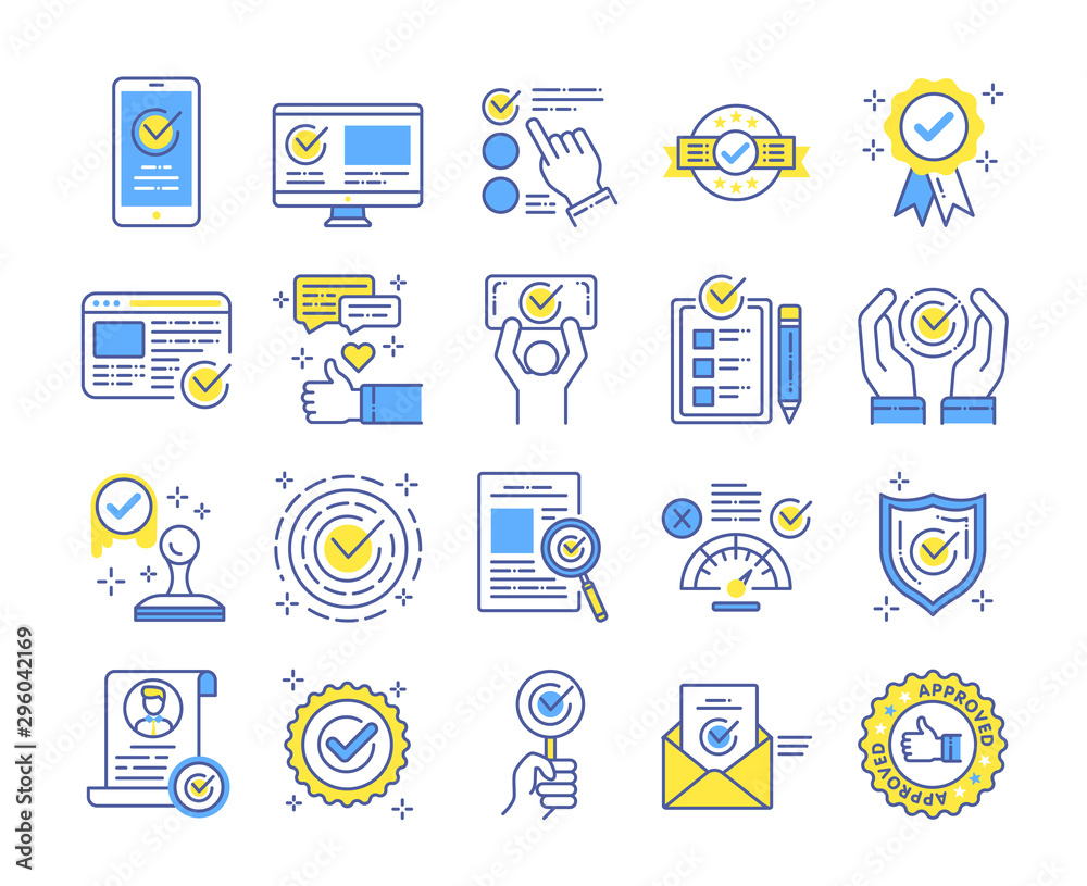 Approved elements color line icons set. Check marks, ticks collection ...