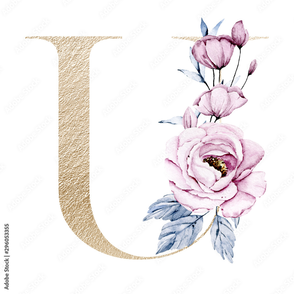 Letter u with watercolor flowers and leaves. Gold floral alphabet ...