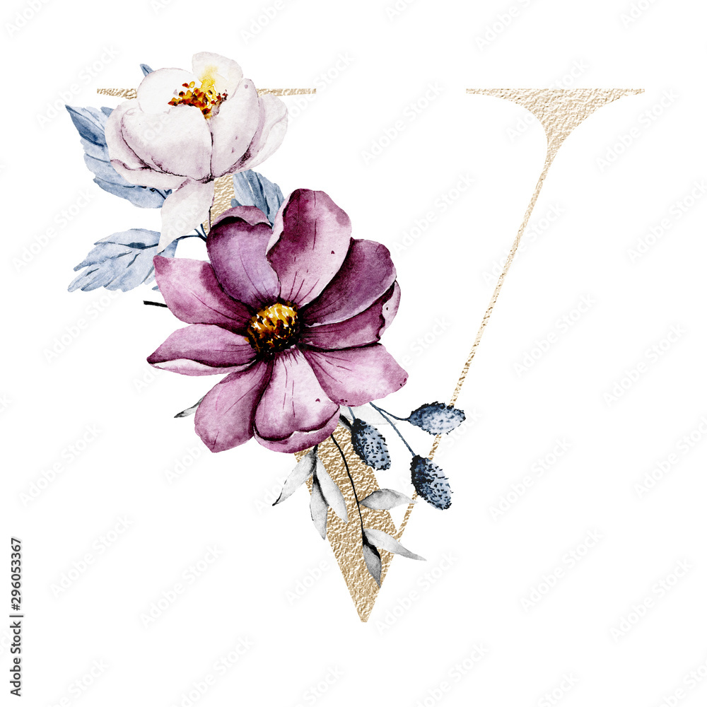 Letter v with watercolor flowers and leaves. Gold floral alphabet ...