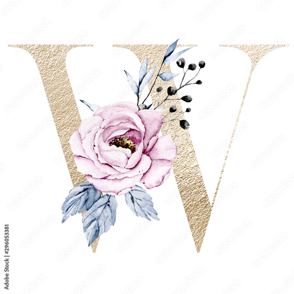 Letter w with watercolor flowers and leaves. Gold floral alphabet ...