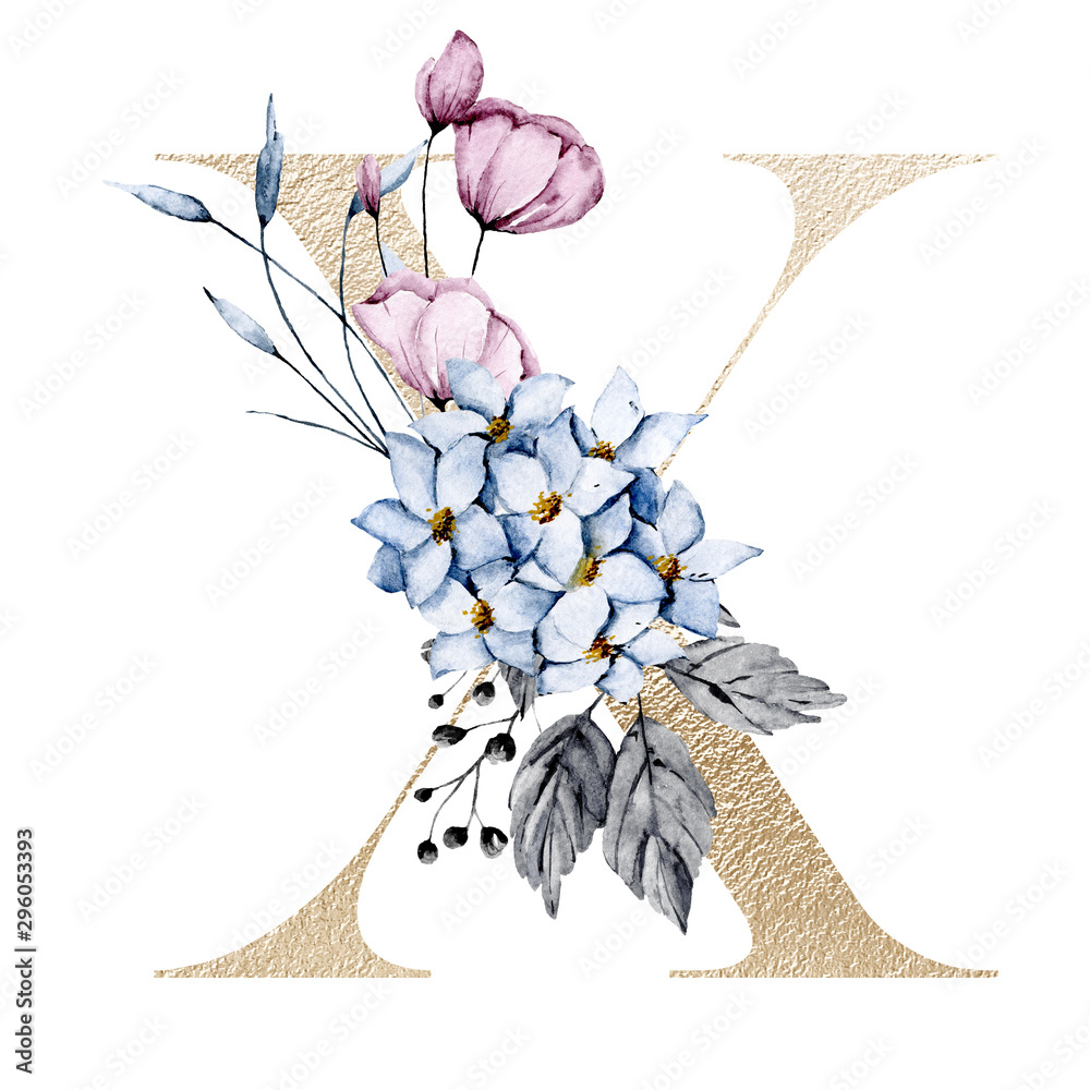 Letter x with watercolor flowers and leaves. Gold floral alphabet ...