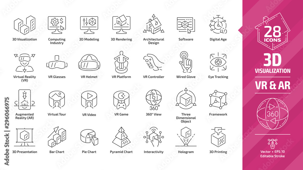 3D visualization outline icon set with virtual & augmented reality (VR ...