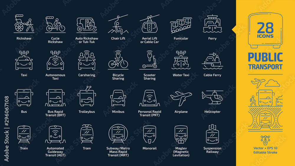 Public transport outline icon set in dark mode with passenger vehicle ...