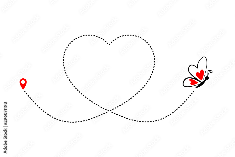 Butterfly flying on a dotted line heart path Stock Vector | Adobe Stock