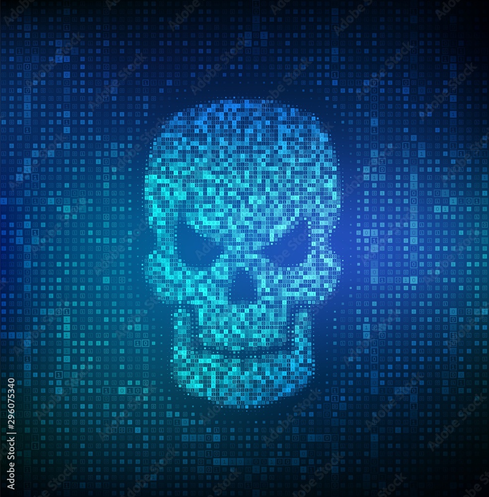 Hacked. Shape of skull made with binary code. Digital code on a screen ...