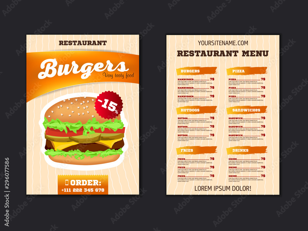 Fast food menu brochure design on a light background vector template in ...