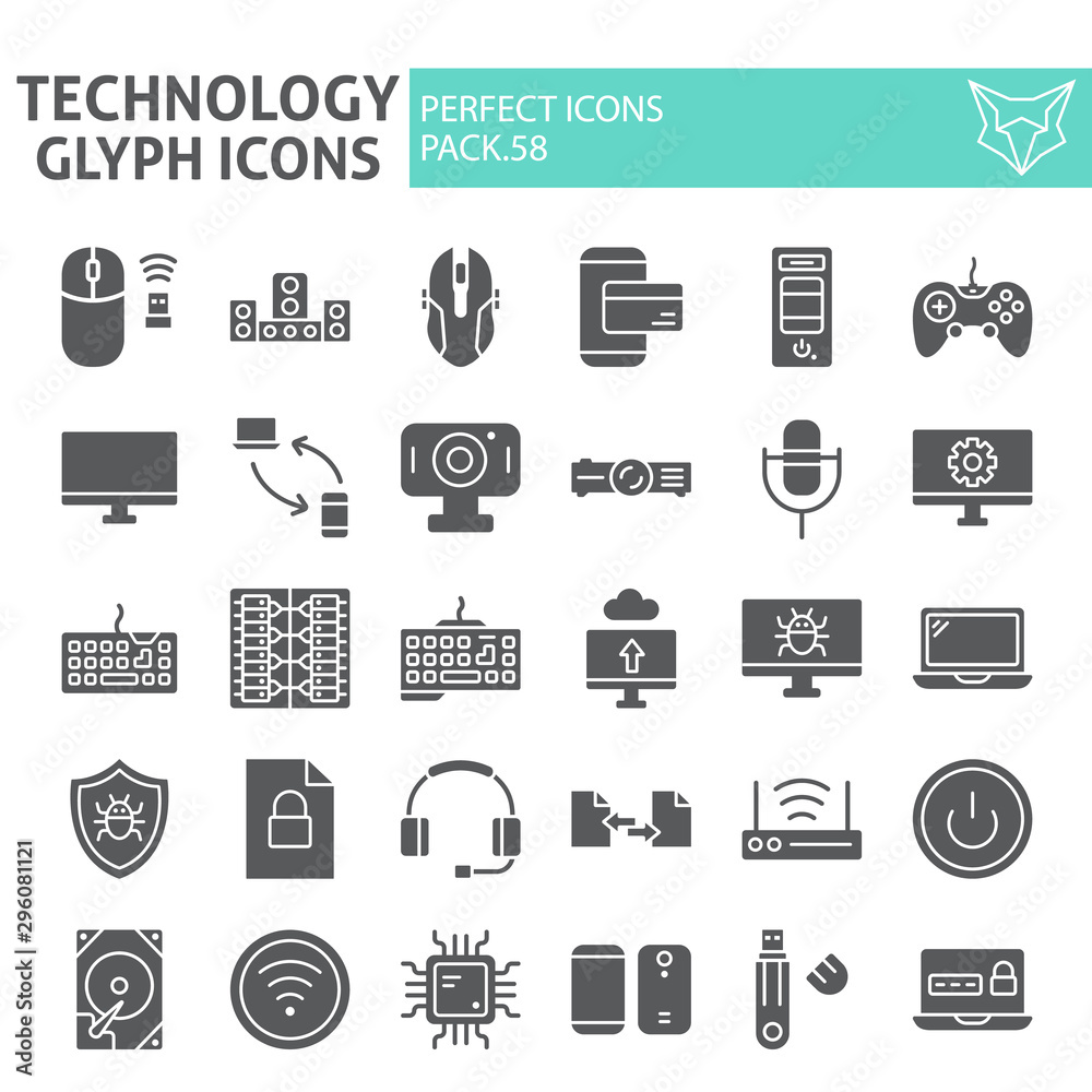 Technology glyph icon set, devices symbols collection, vector sketches ...
