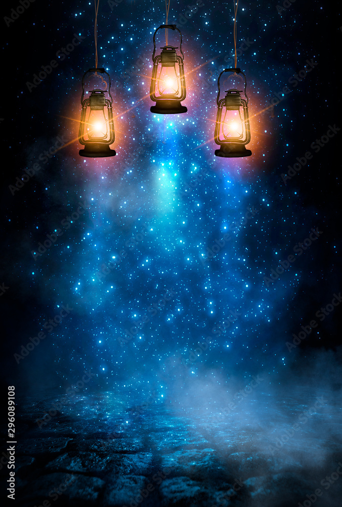 Dark night magic scene with night lanterns. Smoke, magic, magical ...