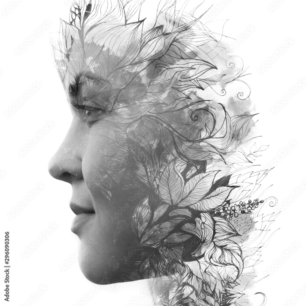 Paintography. Double exposure profile of a young natural beauty, with ...