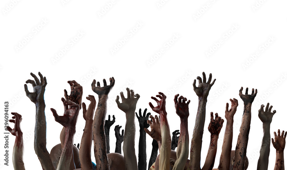 crowd of stretched zombie hands halloween theme, render 3D on white ...