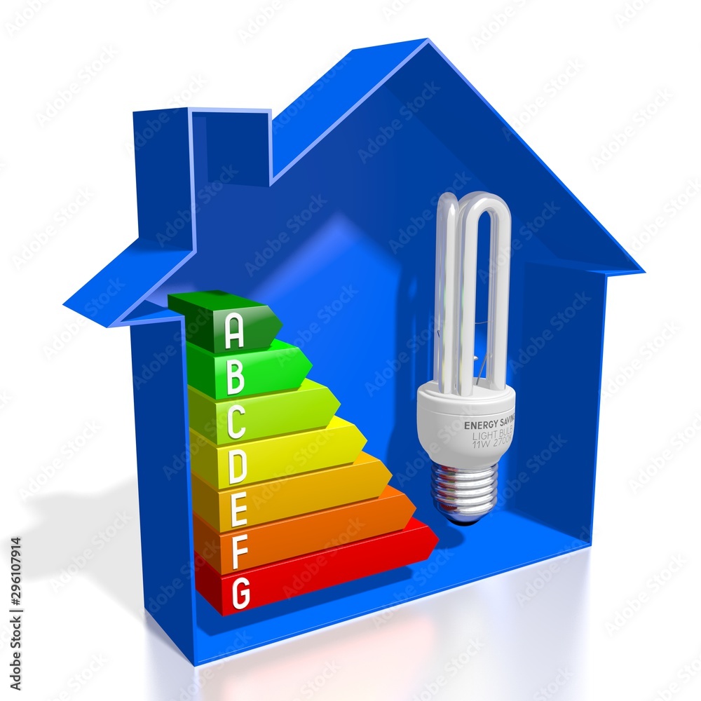 3D energy efficiency chart - house shape, light bulb - A, B, C, D, E, F ...