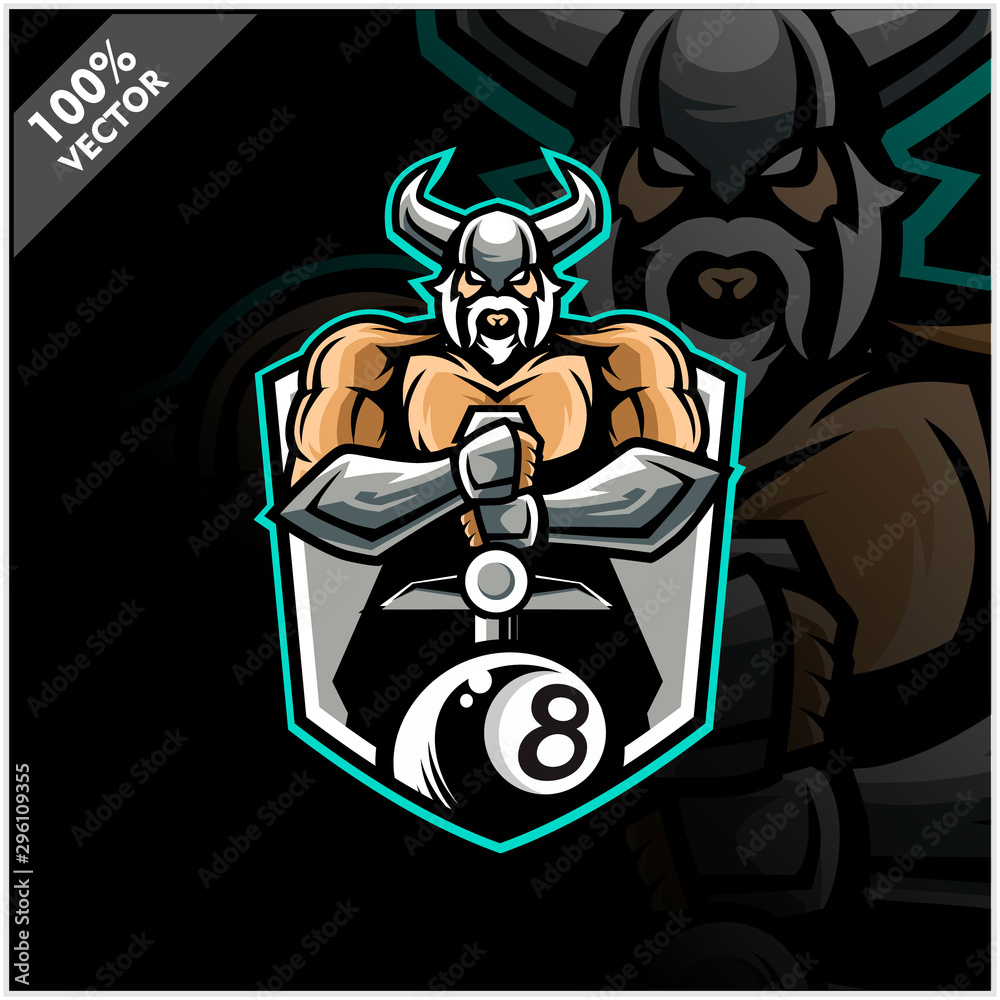 Vector sport logo, Viking illustration and billiard ball 8 on shield ...