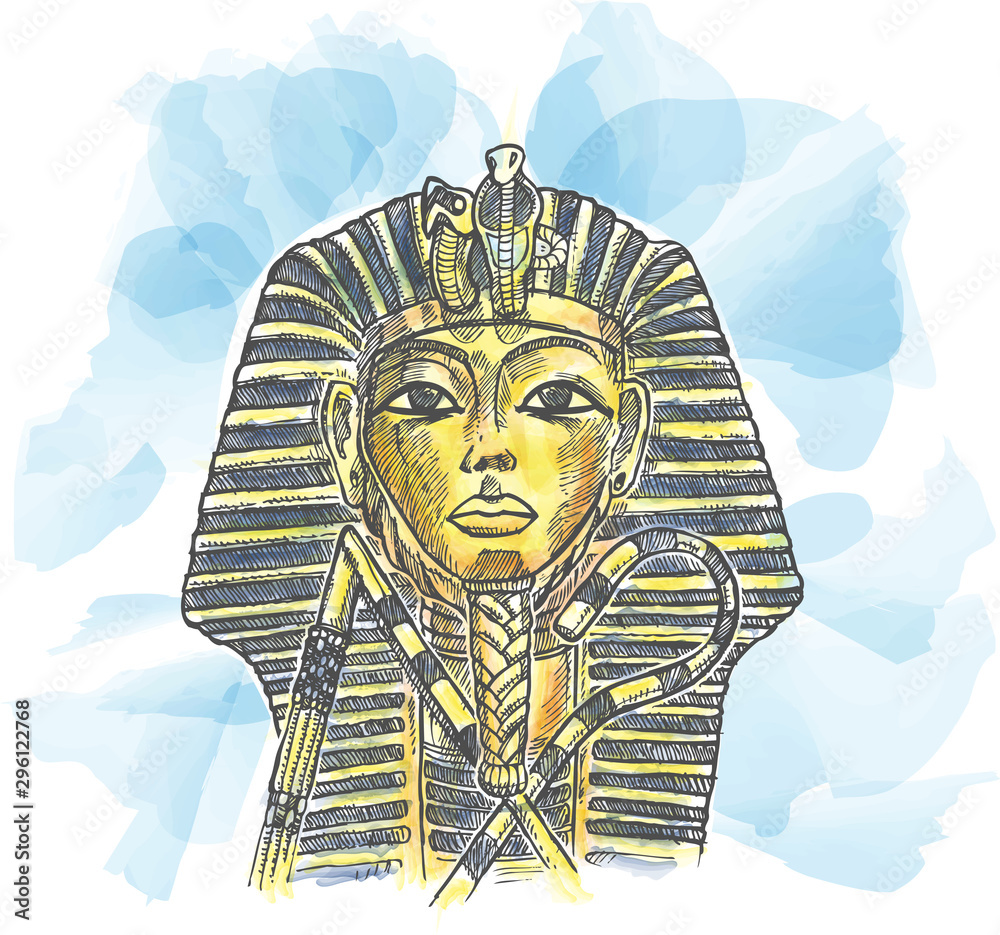Golden mask of Egyptian pharaoh hand drawn Watercolor Stock Vector ...