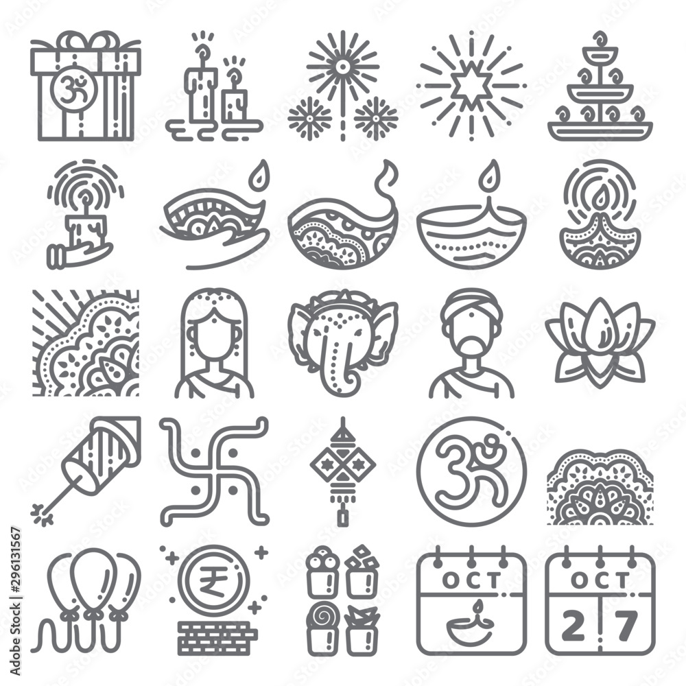Diwali icon set. Line art icon for Deepavali festival celebrate ...