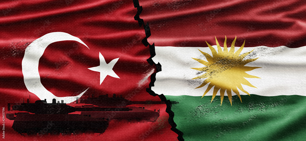 Political relationships. Turkish and Kurdish Flag divided diagonally ...