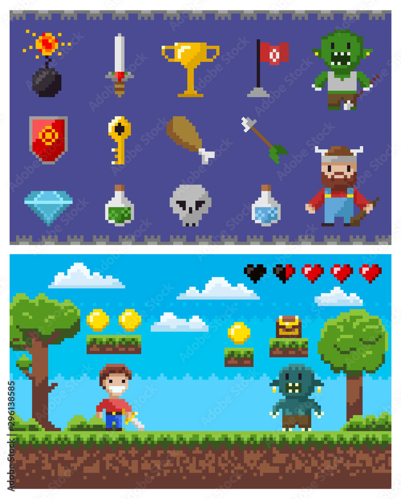 Pixel game landscape scene vector, isolated set of icons, bomb and ...