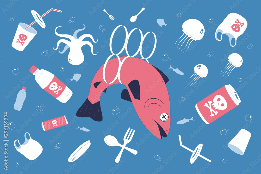 Water pollution. Plastic waste in ocean. Dead fish swimming in water ...