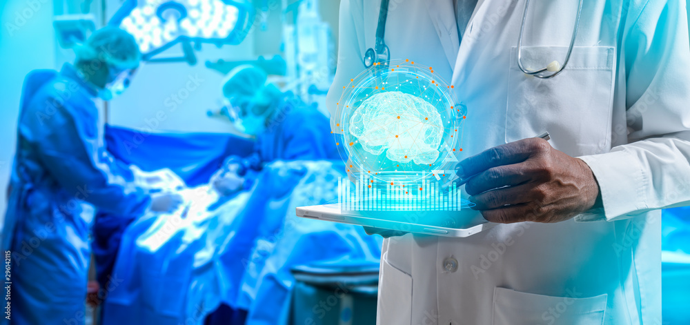 Doctor with virtual reality in operation room in hospital.Surgeon ...