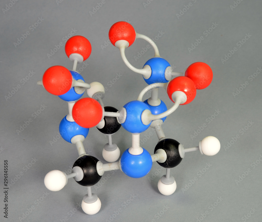 Molecule model of C4 explosive. (Cyclonite) White is Hydrogen, black is ...