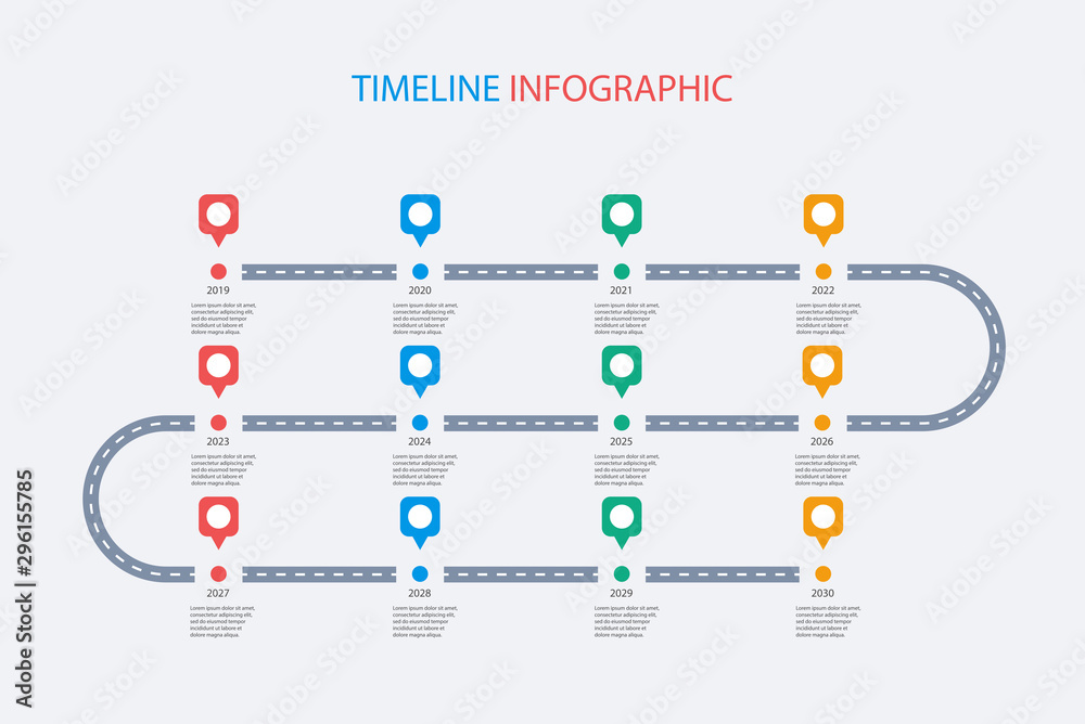 Road map business timeline infographic with 12 step pins. Can be used ...