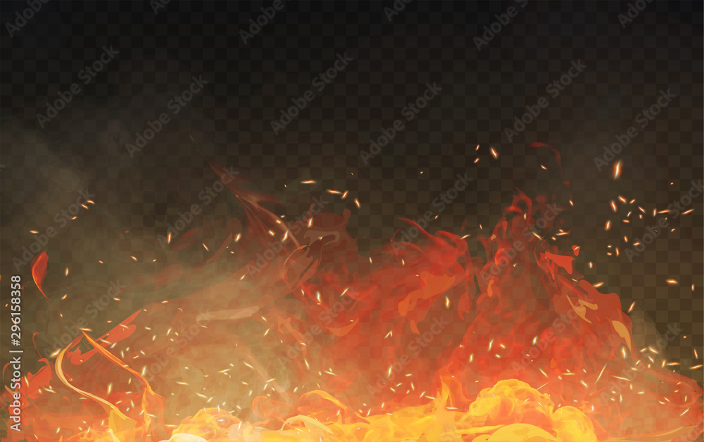 Vector realistic isolated fire effect with smoke for decoration and ...