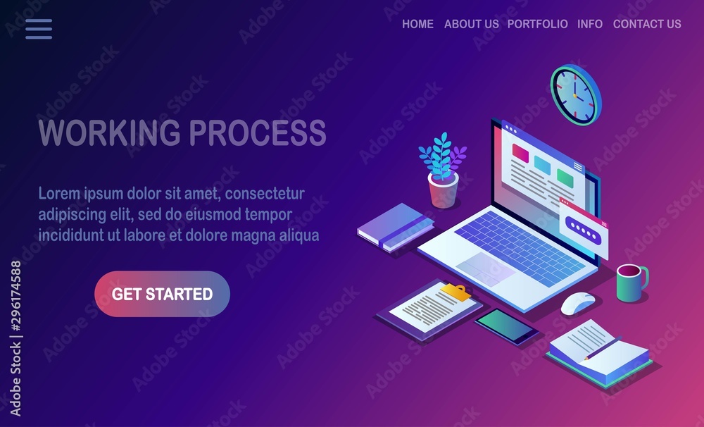 Working process. Time management. 3d isometric office workplace with ...