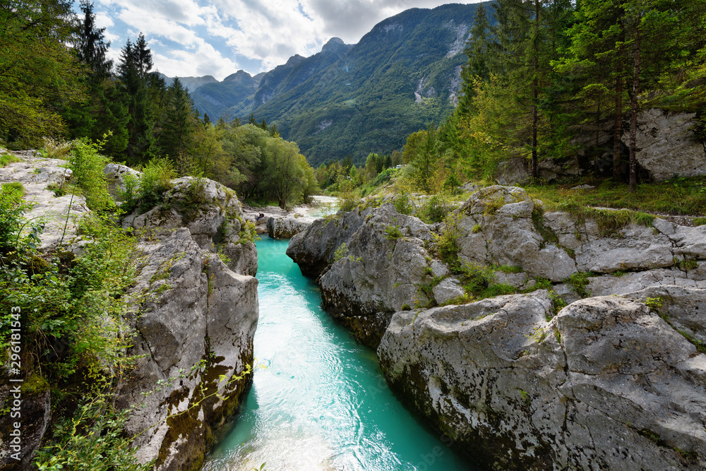 Velika korita or Great Soca Gorge. Scenic landscape of Soca river with ...