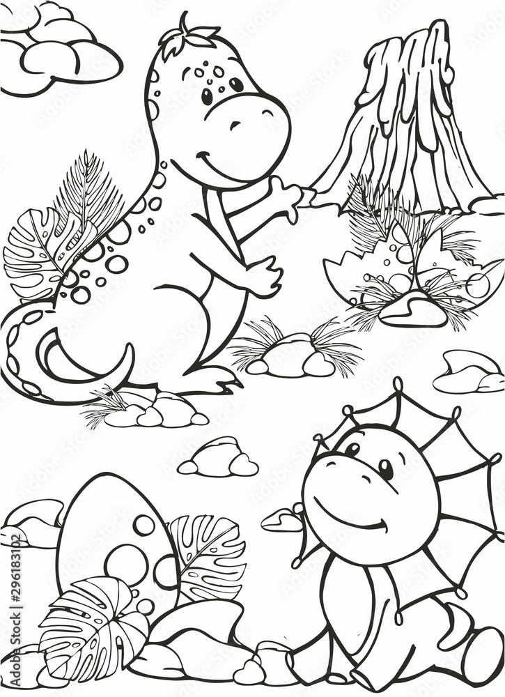 Coloring book with cute dinosaurs sitting, on the background ...
