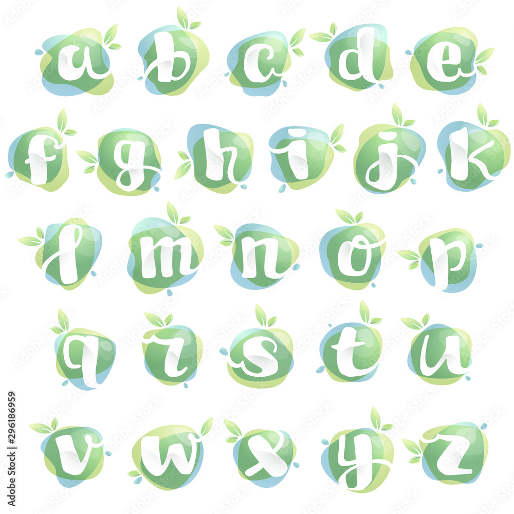 Alphabet letters with negative space at green watercolor splash ...