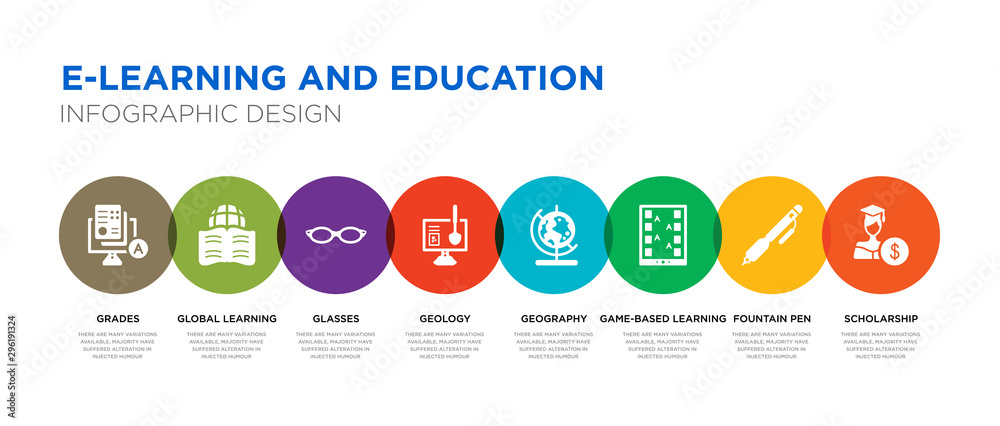 8 colorful e-learning and education vector icons set such as ...