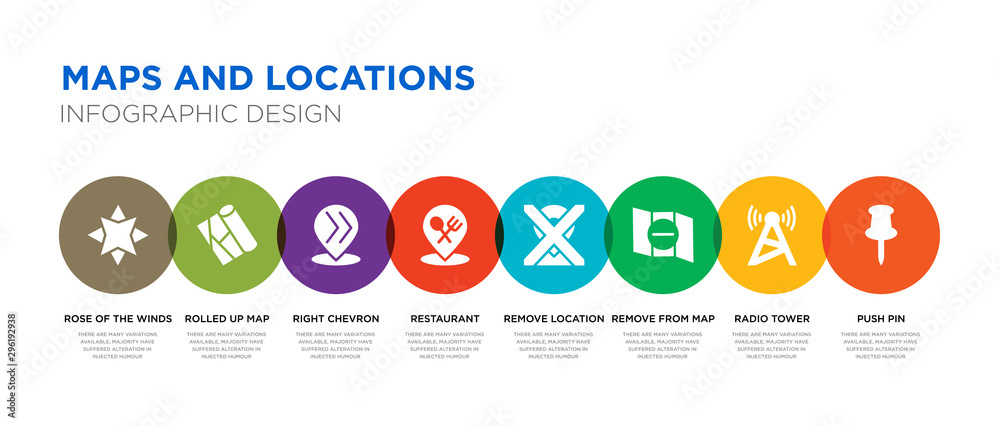 8 colorful maps and locations vector icons set such as push pin, radio ...