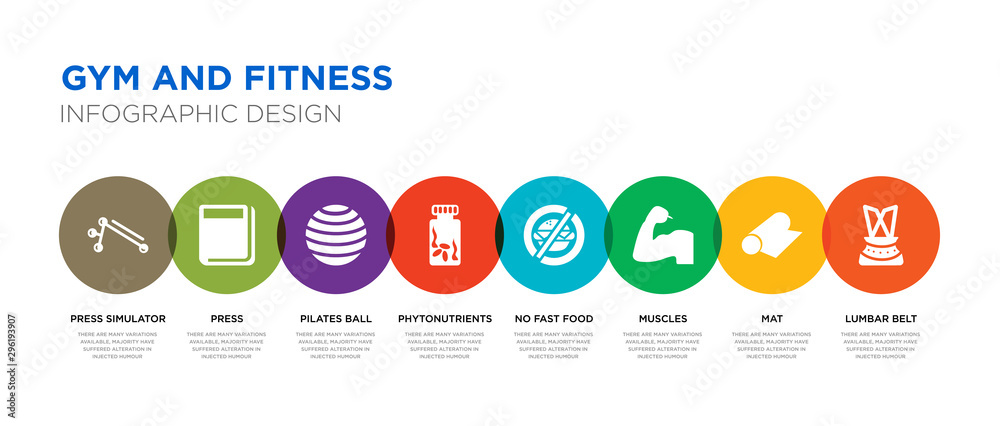 8 colorful gym and fitness vector icons set such as lumbar belt, mat ...