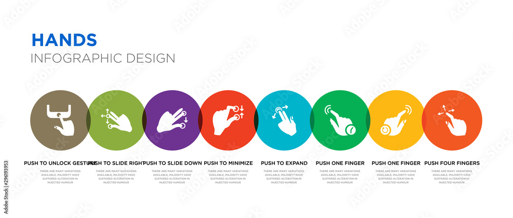 8 colorful hands vector icons set such as push four fingers and move ...
