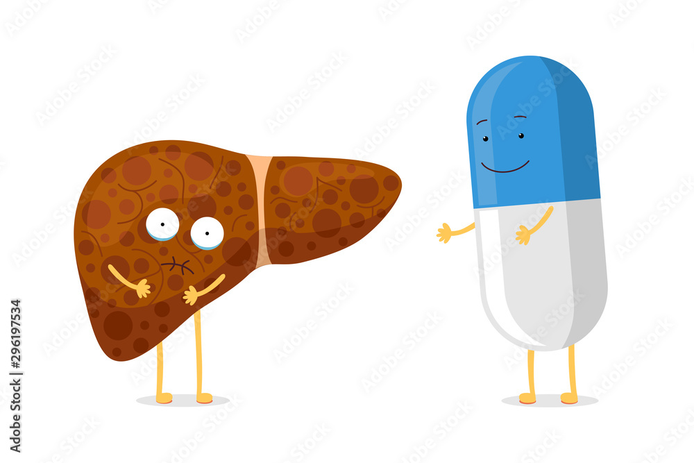 Cute cartoon unhealthy human liver disease pain emotion character with ...