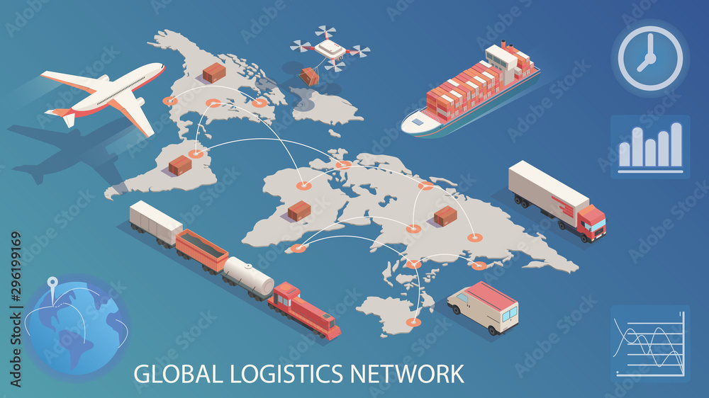 Isometric global logistics network. Concept of air cargo trucking rail ...