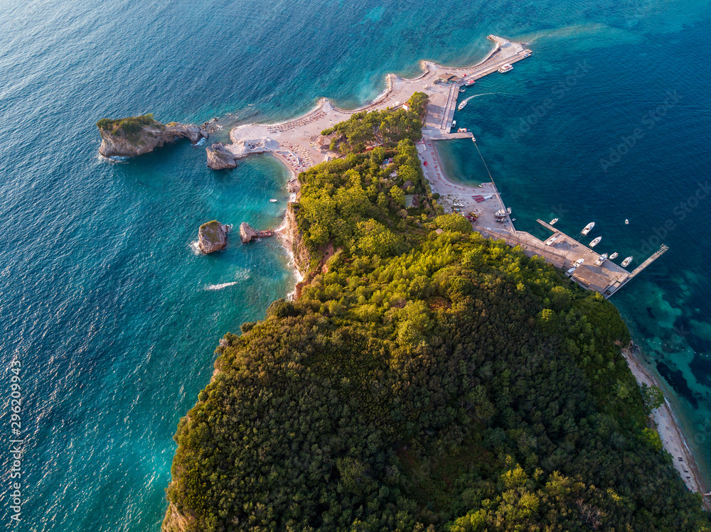 Aerial view of Sveti Nikola, Budva island, Montenegro. Hawaii beach ...