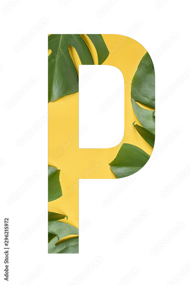 Flower font Alphabet P made of Real alive flowers monstera on yellow ...